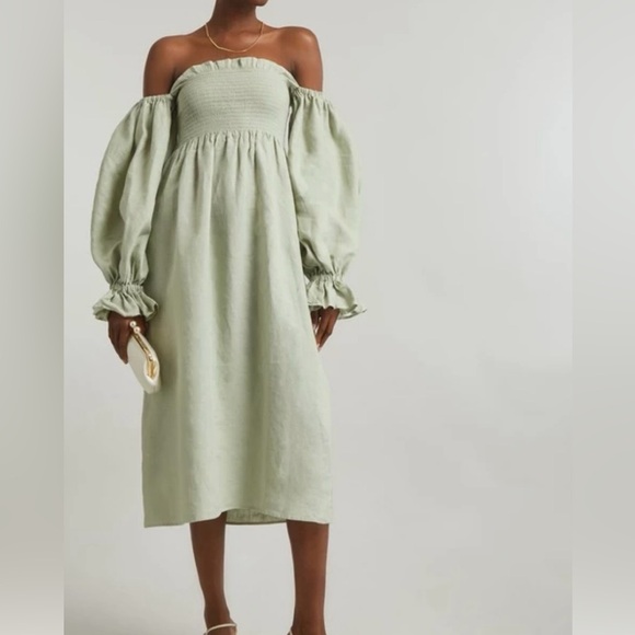 Sleeper | Dresses | Sleeper Atlanta Shirred Linen Midi Dress In Green ...
